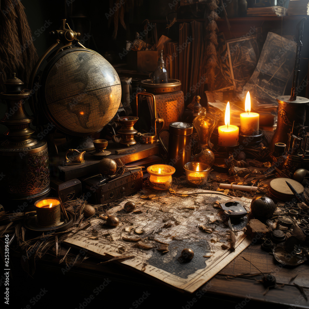 pirate captains desk with map and different tools, lit by oil lamps ...