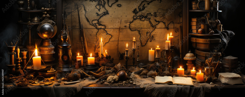 pirate captains desk with map and different tools, lit by oil lamps ...
