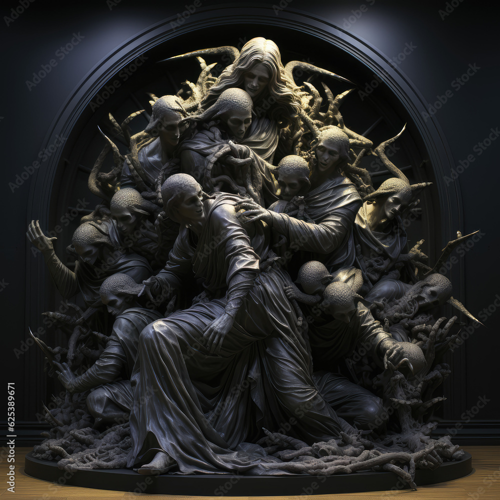 fallen angels melted to each other in statue, belphegor, satan, leviathan, asmodeus, mammon ...