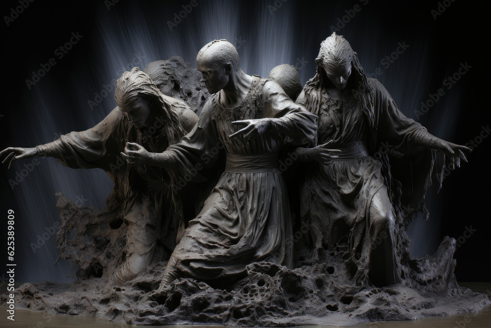 fallen angels melted to each other in statue, belphegor, satan, leviathan, asmodeus, mammon ...