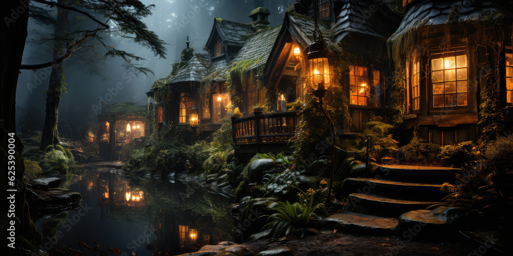 steampunk style cabin in forest, lit inside, foggy forest, background ...