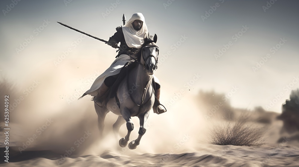 Arabian knight warrior riding his elegant horse and charging the enemy ...