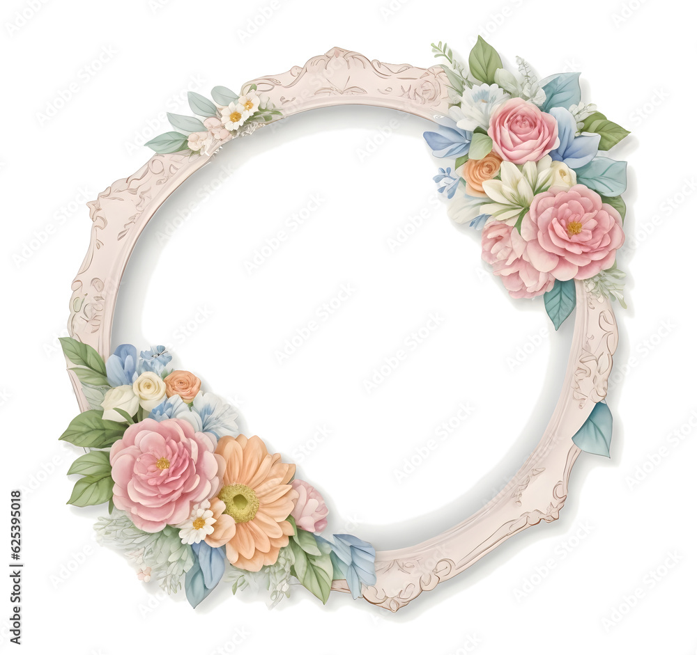 Watercolor Flower and bloom circle frame border on transparent ...