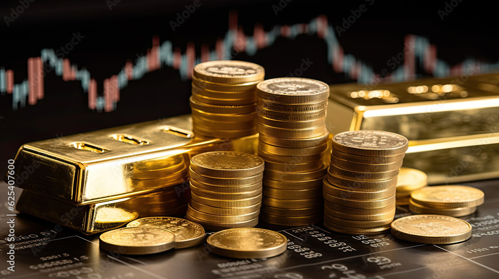 Gold trading, gold bars on fabric with stock graph chart stock market trade background, pile of ...
