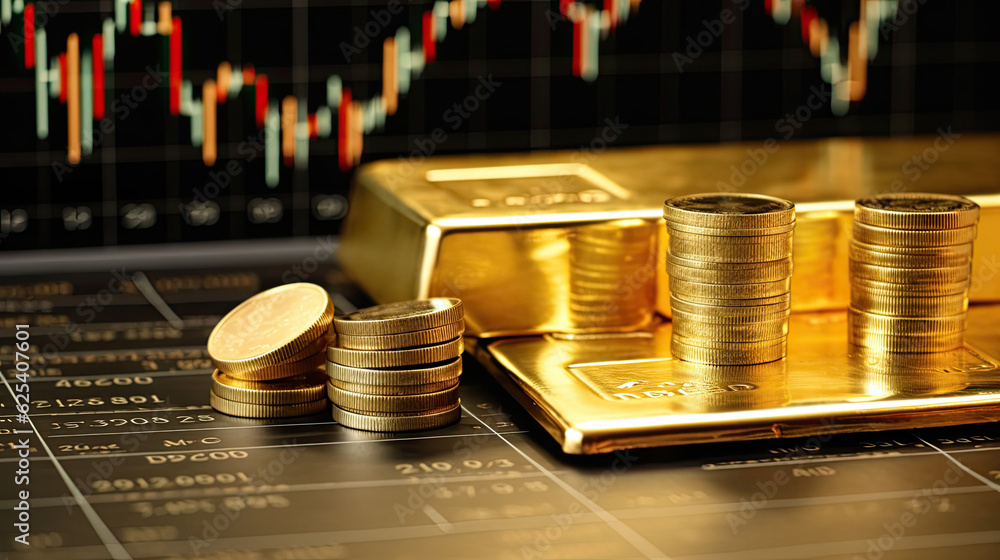Gold trading, gold bars on fabric with stock graph chart stock market trade background, pile of ...