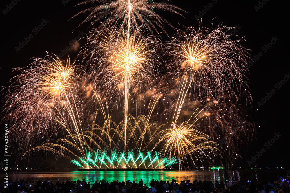 PATTAYA, CHONBURI, THAILAND Beautiful colorful fireworks night scene at ...