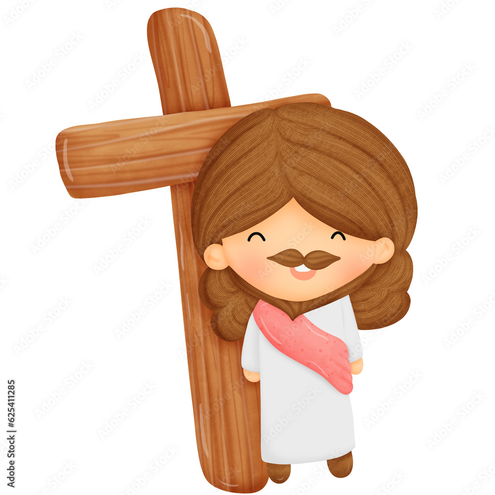 Inspiring Jesus Cartoon with Cross Spiritual Vector Illustration for ...