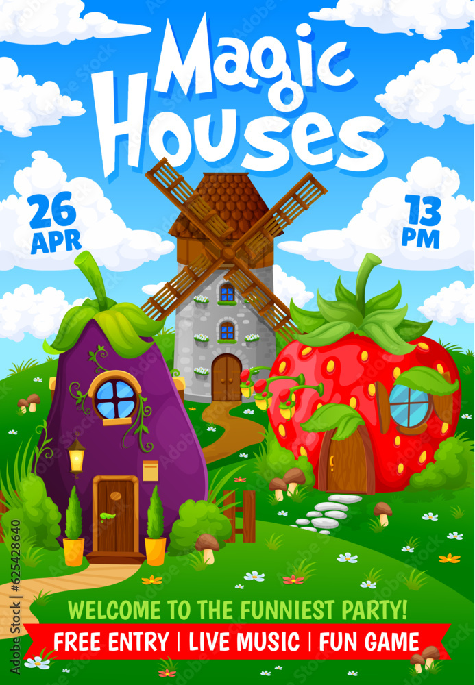 Kids party flyer, cartoon fairytale houses village, entertainment event ...