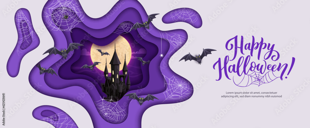 Halloween paper cut midnight castle, cobweb and flying bats, Halloween ...