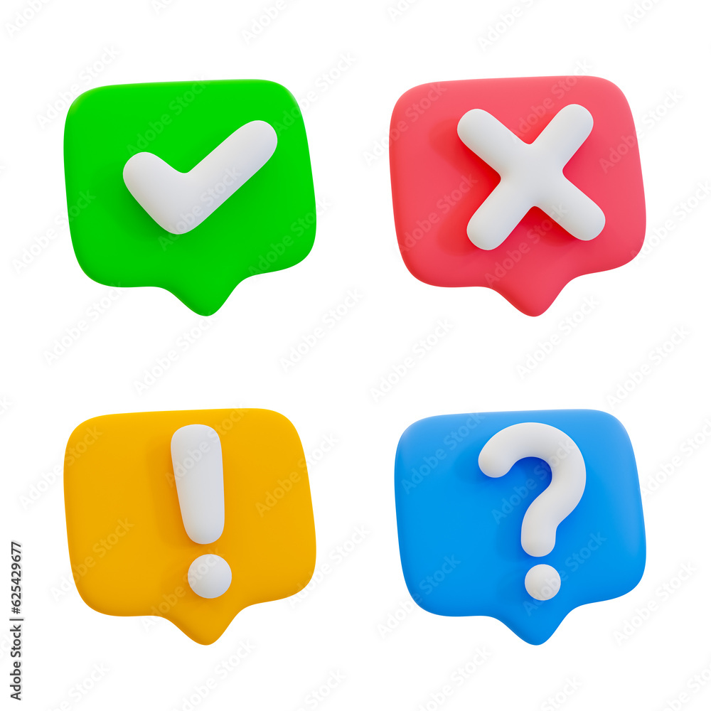 3d minimal set of green checkmark, cross mark, exclamation mark, and ...