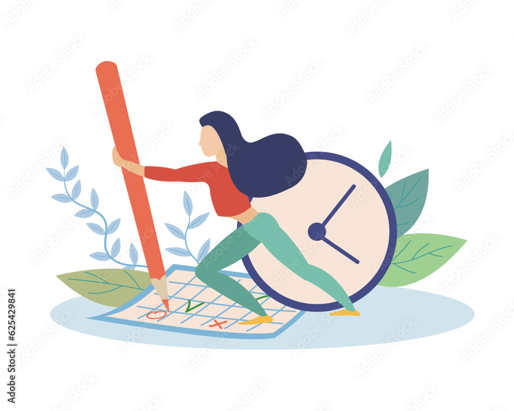 Sporty woman making notes on calendar and planning. Time management ...