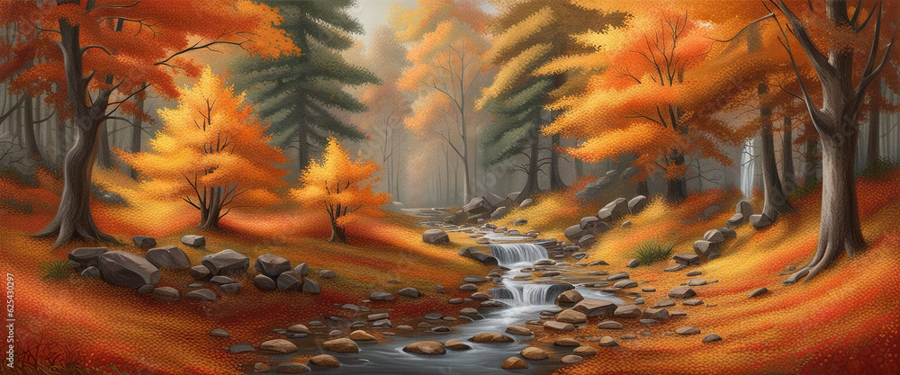 Autumn forest banner. Autumnal nature landscape, yellow forests trees ...