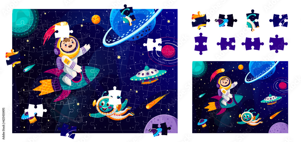 Cartoon alien, astronaut and space planets in jigsaw puzzle game ...