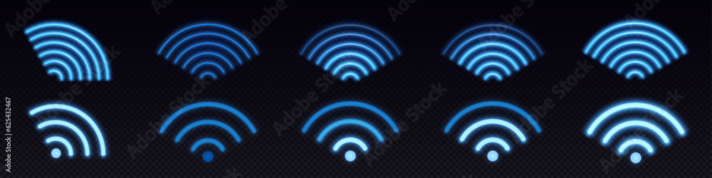 Neon icons of wifi signal. Circle symbol of sound wave, wireless ...