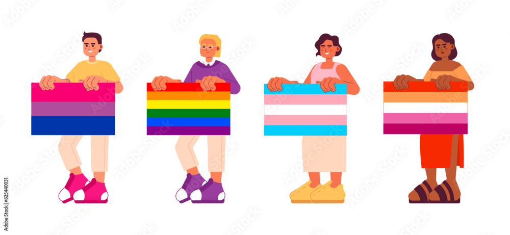 Optimistic lgbt people hold pride flags flat concept vector spot illustrations pack. Gender ...