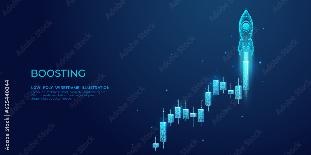 Digital rocket launch from the stock market candlestick in outer space ...