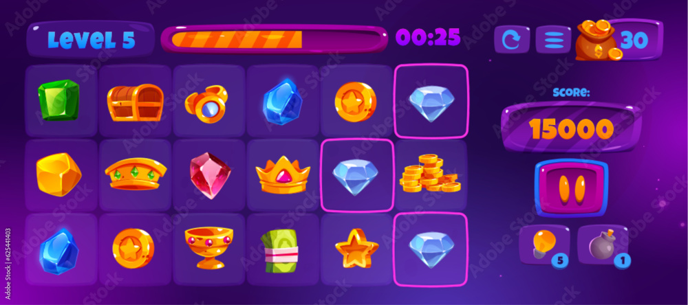 Three in line game ui template. Vector cartoon illustration of gui ...