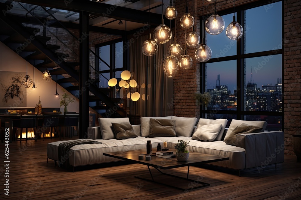 Stylish living space adorned with trendy interior decoration. Loft ...