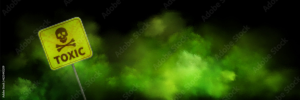Green toxic smoke cloud with warning sign background. Bad gas smell and ...