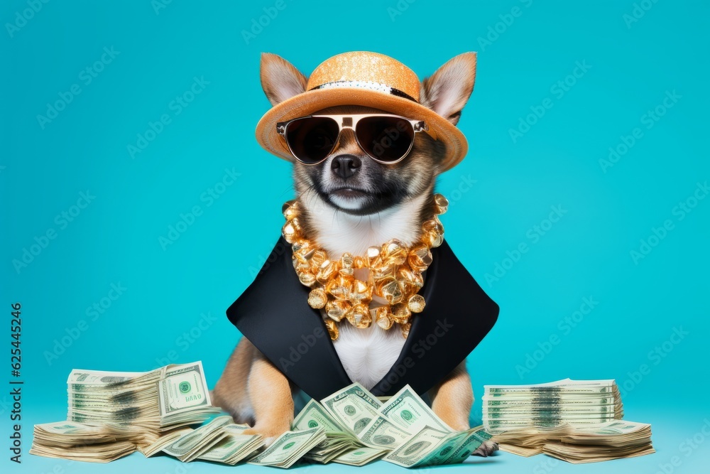 Cool rich successful hipster dog with sunglasses and cash money. Blue ...