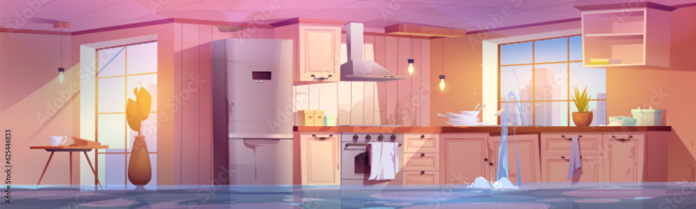 Flood and broken home kitchen room cartoon vector illustration ...