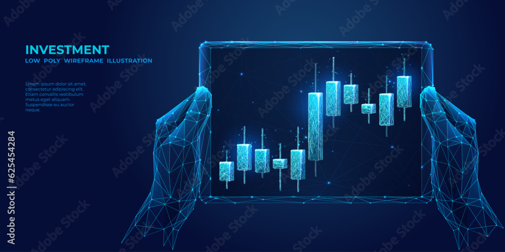 Digital close-up human hand holding tablet with abstract stock market ...