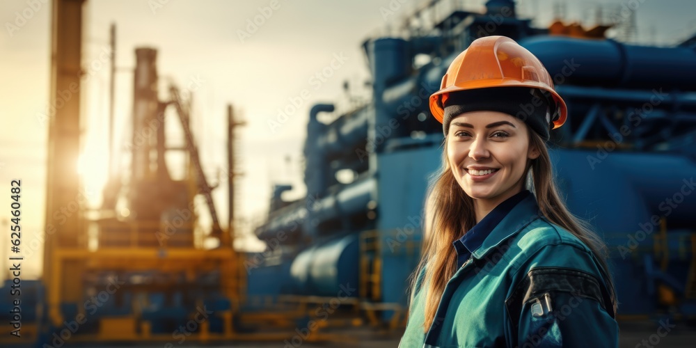 Portrait of a woman oil rig worker with a helmet in front of the ...