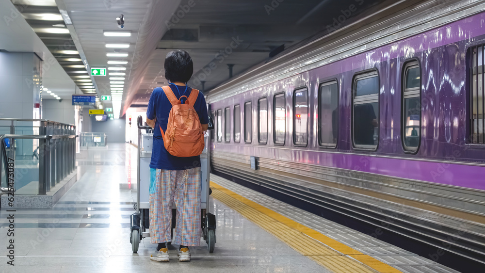 Rear view of Asian female passenger with luggage trolley on platform at ...