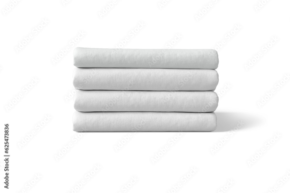 Blank white folding bedding mockup. Four bundles of neatly folded ...