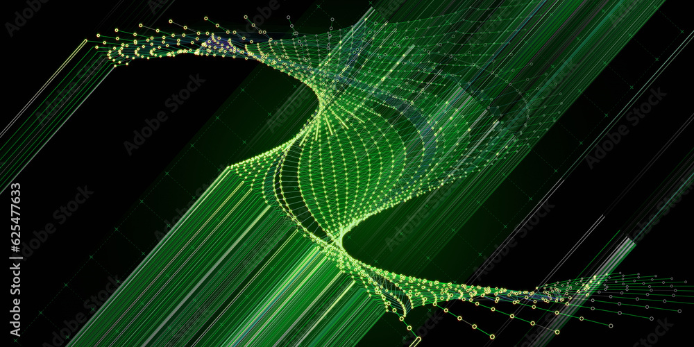 Abstract background twisting spiral glow wireframe grid on black. Big ...