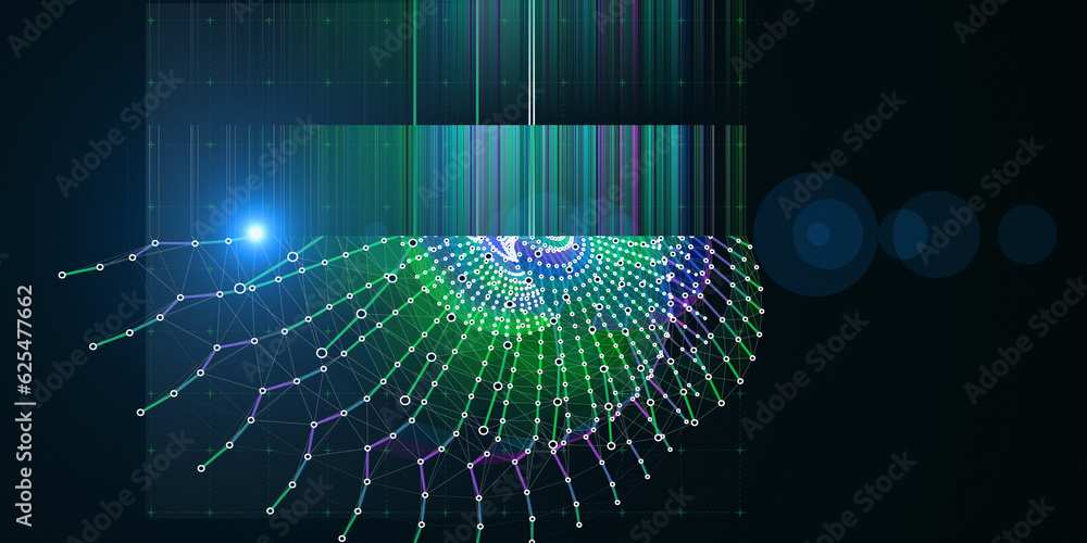 Abstract background twisting wireframe grid from color faces and spot ...