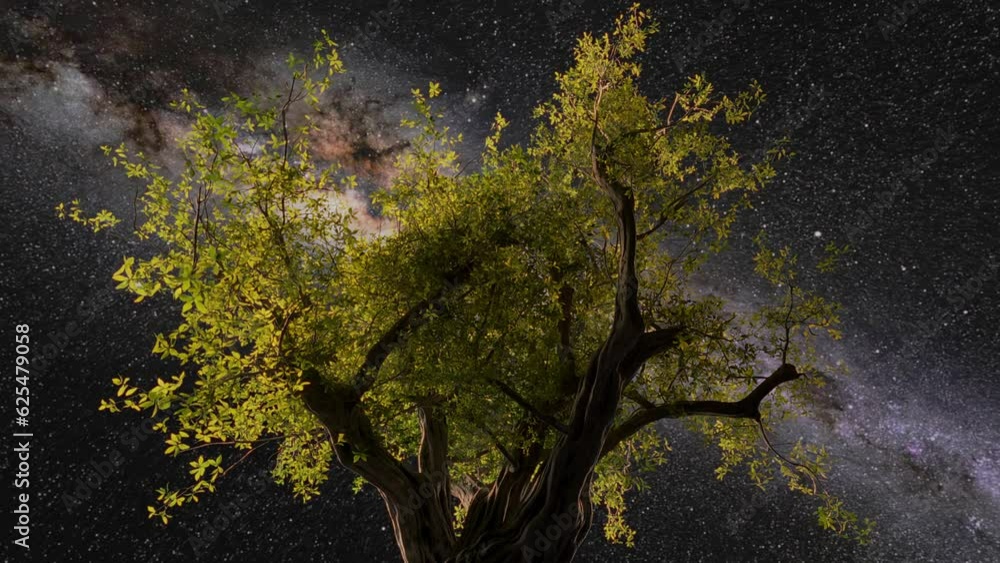 Timelapse video of a majestic tree with night sky, stars and milky way ...