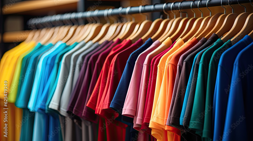 plain t-shirts of different colors hang on a hanger, store interior ...