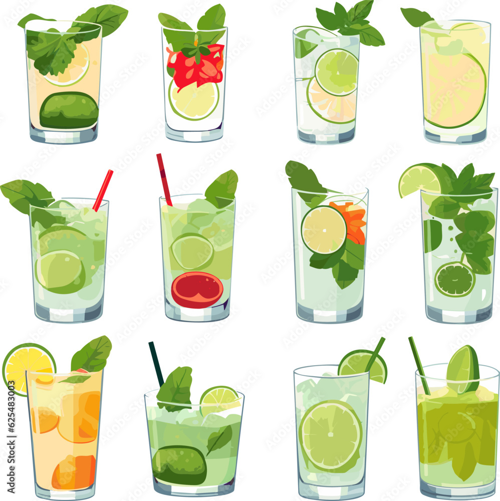 Set of summer cocktails cartoon vector illustration isolated on white ...