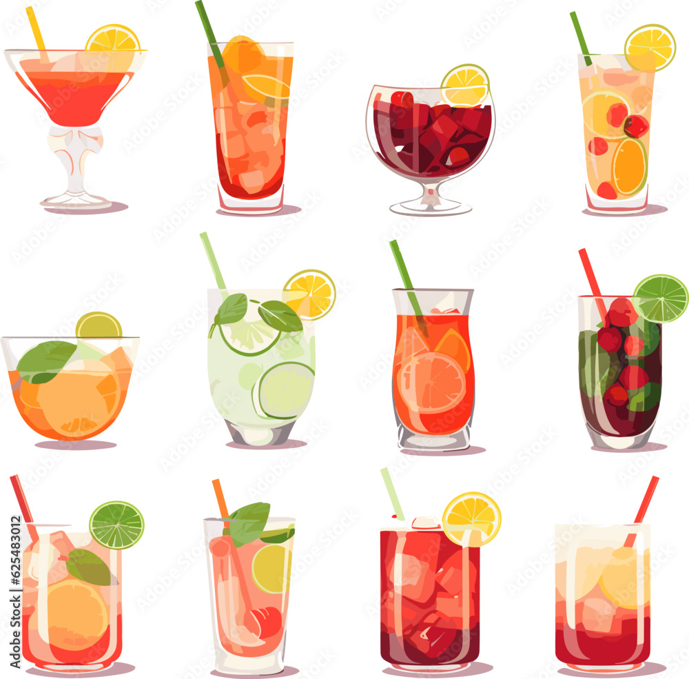 Set of summer cocktails cartoon vector illustration isolated on white background. Vector set ...