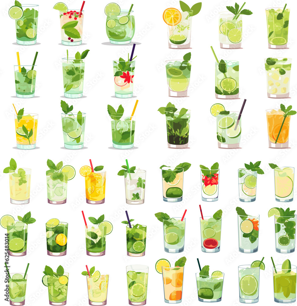 Set of summer cocktails cartoon vector illustration isolated on white ...