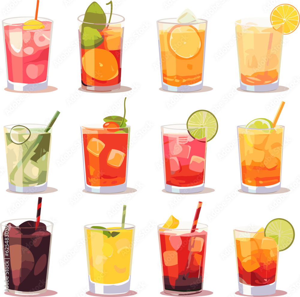Set of summer cocktails cartoon vector illustration isolated on white ...
