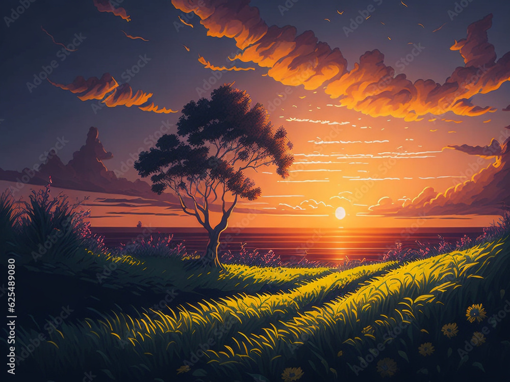 Beautiful spring landscape drawing. Sunset sky and trees background ...