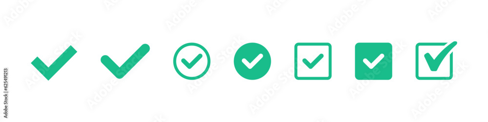 Green check mark icon set. Circle and square. Tick symbol in green ...