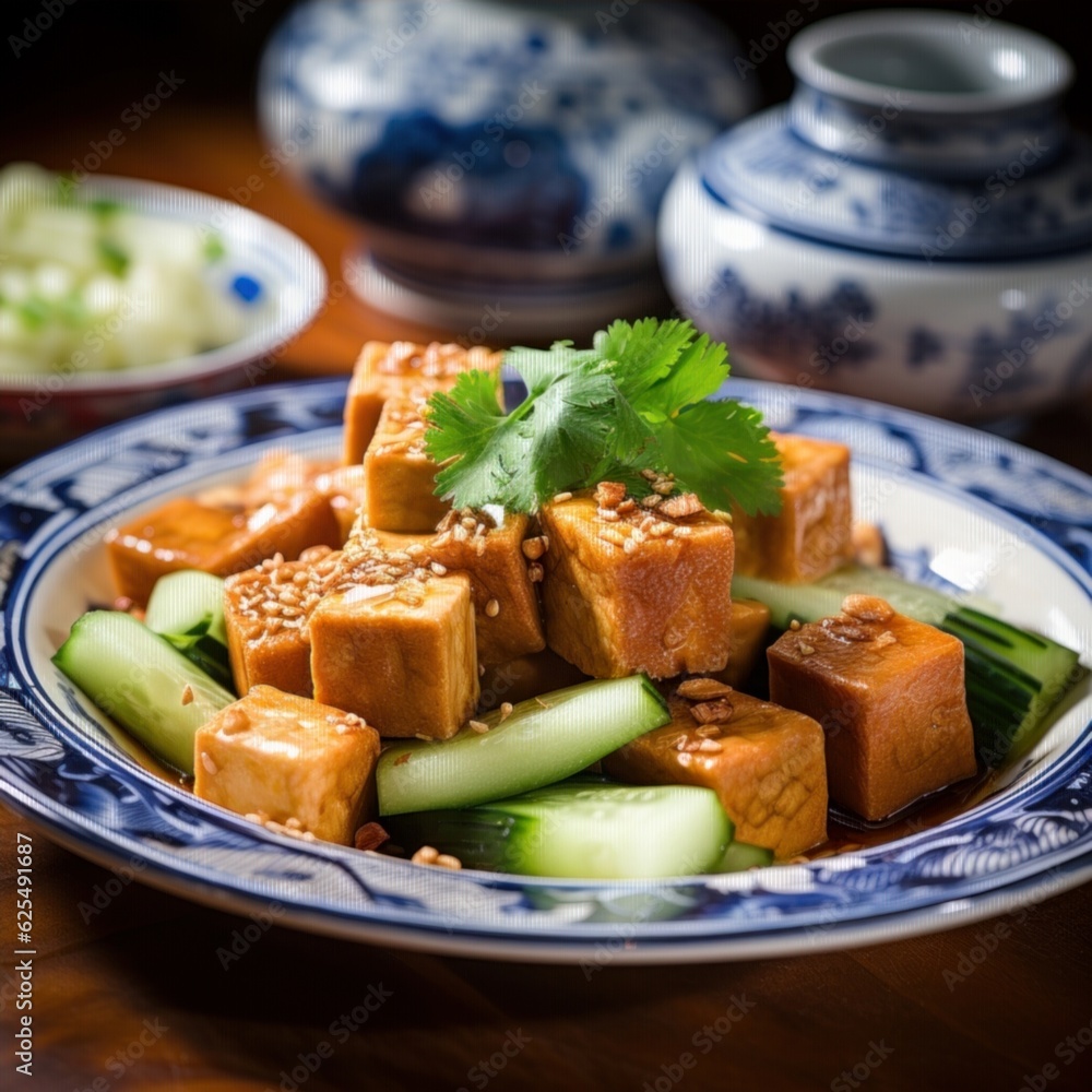 Stinky Tofu, golden and crispy cubes arranged neatly on a traditional ...