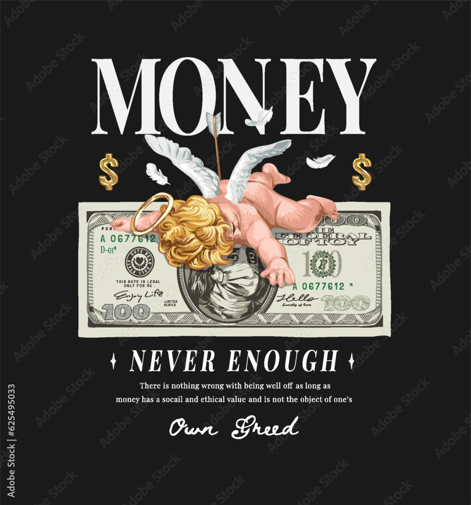 money slogan with bead angel and banknote vector illustration on black ...