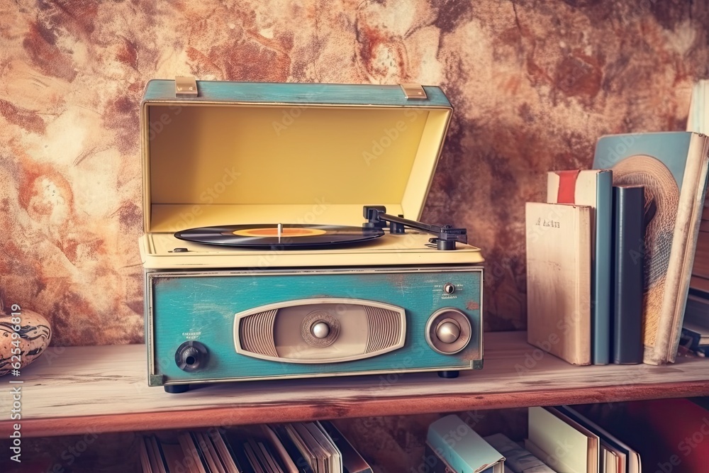 Music Memories: Nostalgic Retro Shelf with Vintage Vinyl Record Player ...