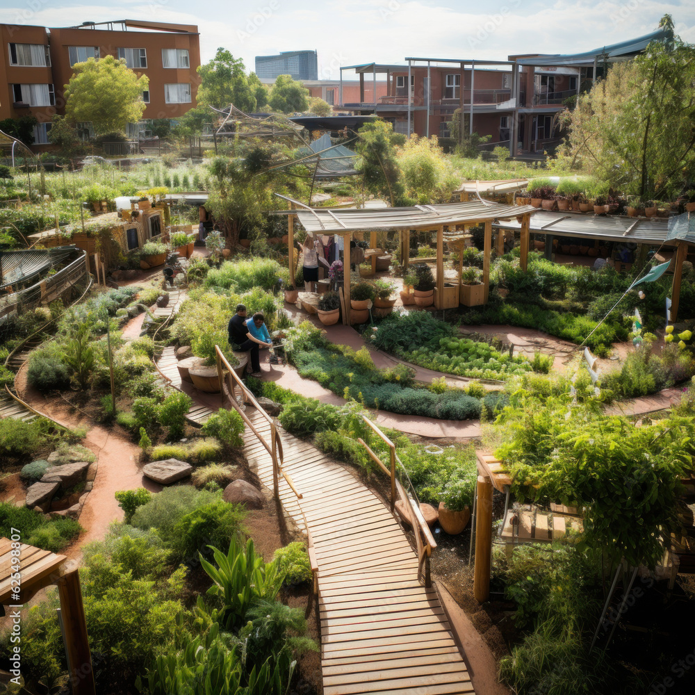 Community garden thriving with greenery and a rainwater harvesting ...