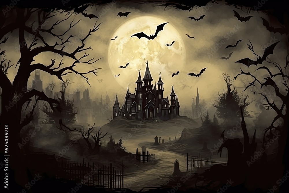 vintage halloween night background - creepy cartoon with a haunted ...