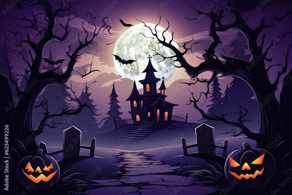 purple halloween night background - creepy cartoon with a haunted ...