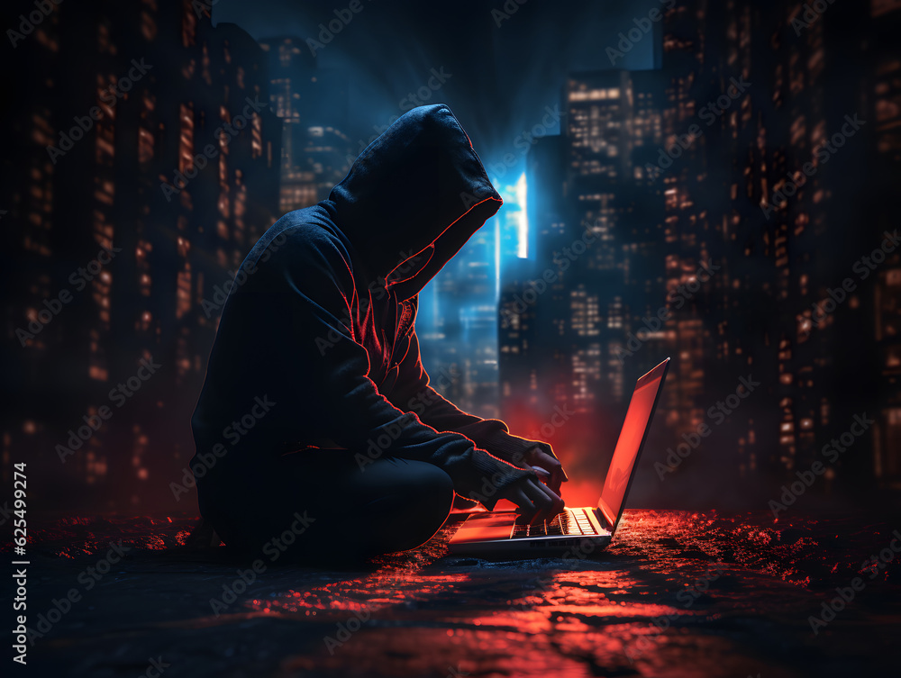 Cyber Security Concept Cyber Crime Hacker With Laptop Abstract Binary Code Digital Interface
