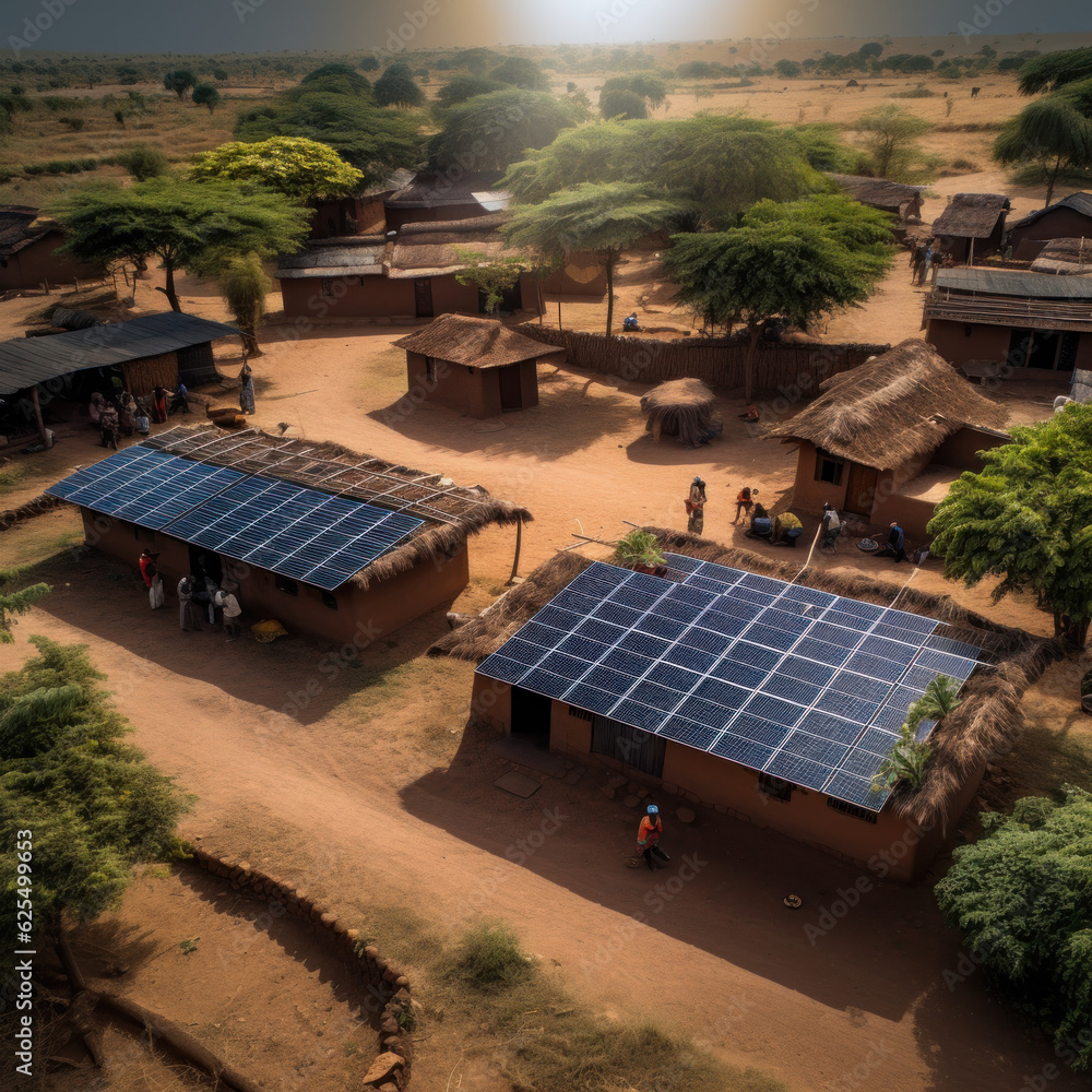 Rural village powered by solar microgrids, depicting the transformative ...