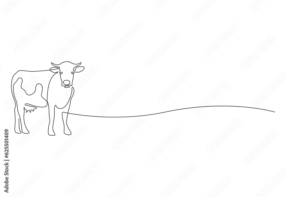 Cow in one continuous line drawing milk cattle animal on pasture symbol ...