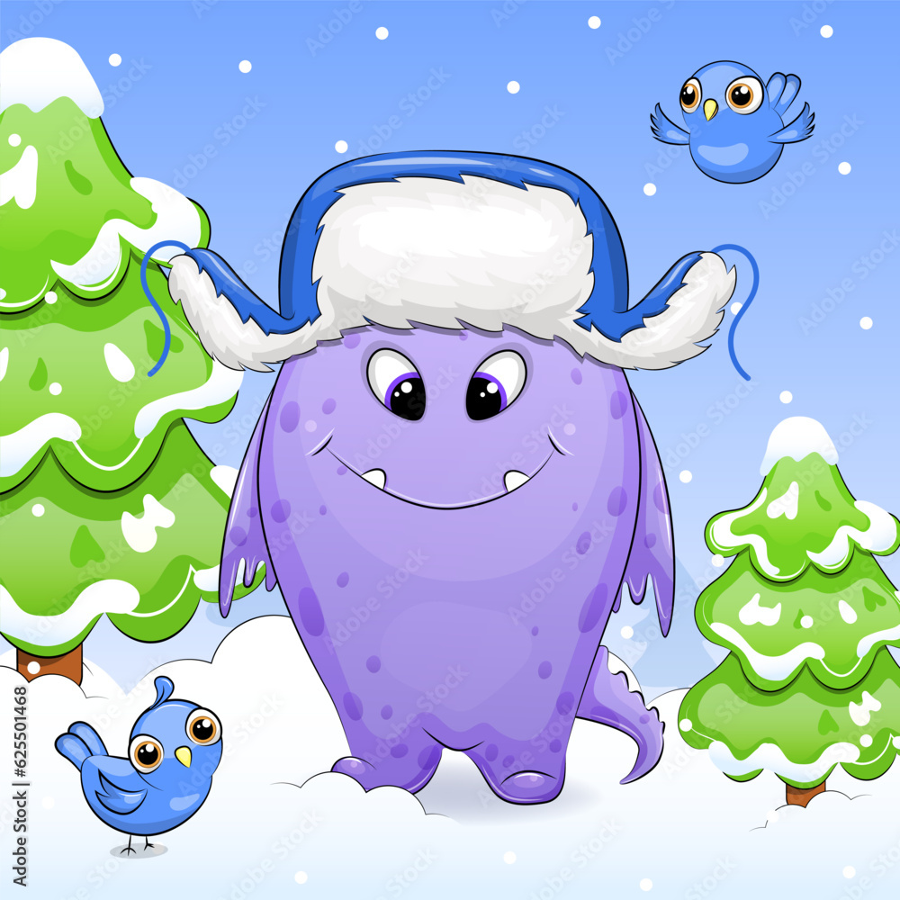 Cute cartoon monster in a blue hat with ear flaps. Winter vector ...