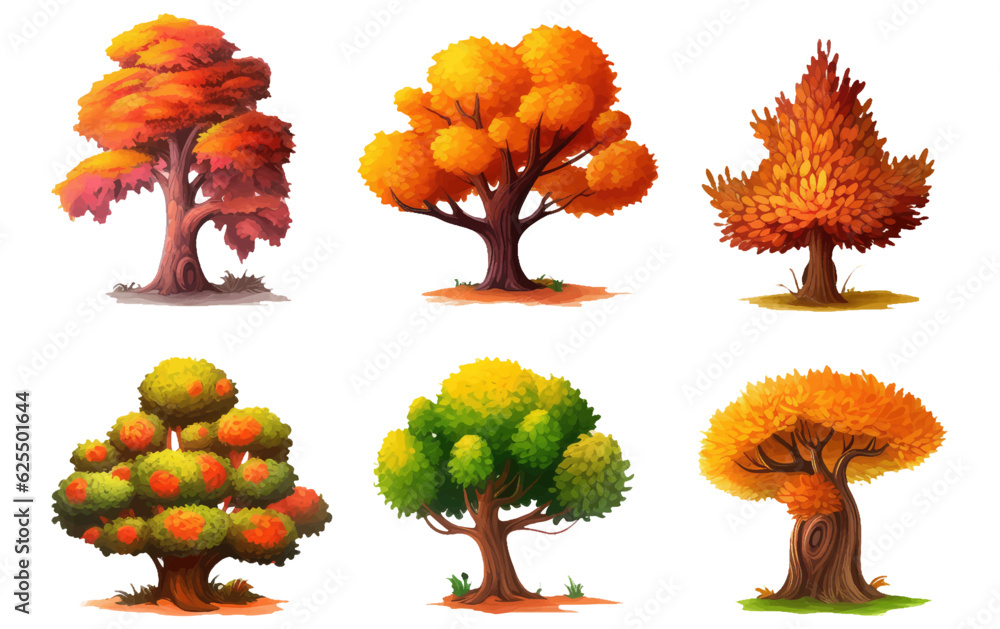 set vector illustration of colorful autumn tree isolated on white ...